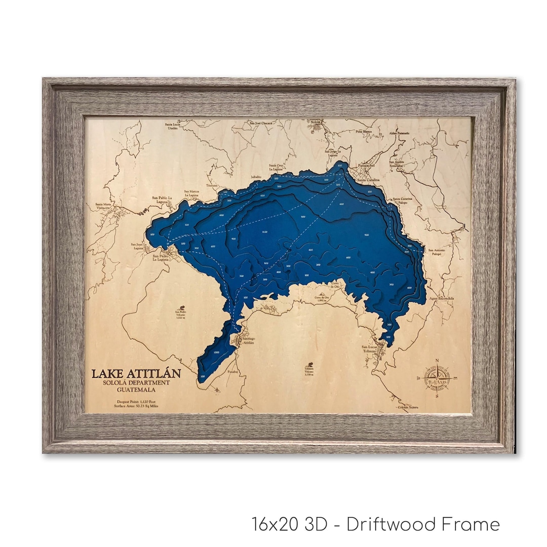 Lake Atitlán Map, Guatemala Map, Custom Wood Map, Contour Map, Lake ...