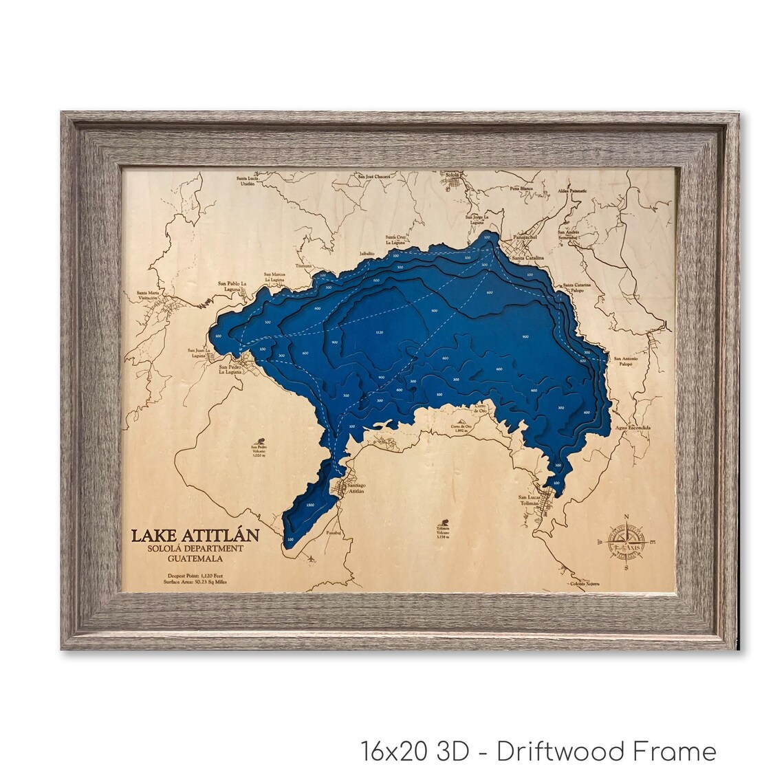 Lake Atitlán Map, Guatemala Map, Custom Wood Map, Contour Map, Lake ...