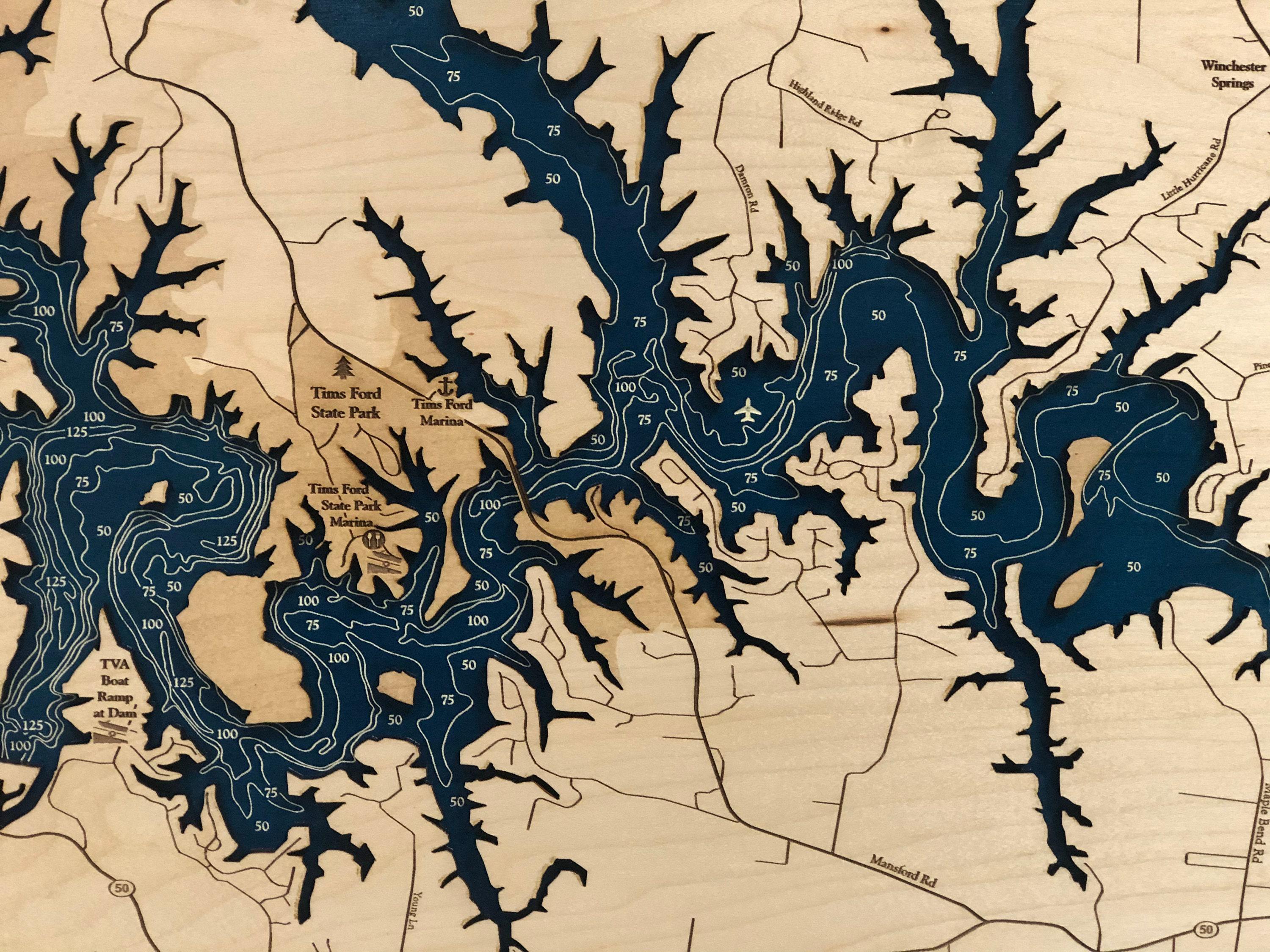 Tims Ford Lake - Custom Wood Map - 3D Wall Art - Contour Map - Lake ...