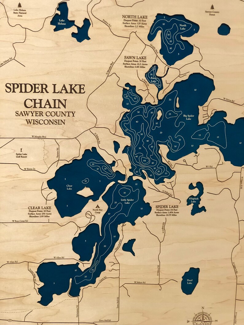 Spider Lake Chain Custom Wood Map 3D Wall Art Lake Gift - Etsy