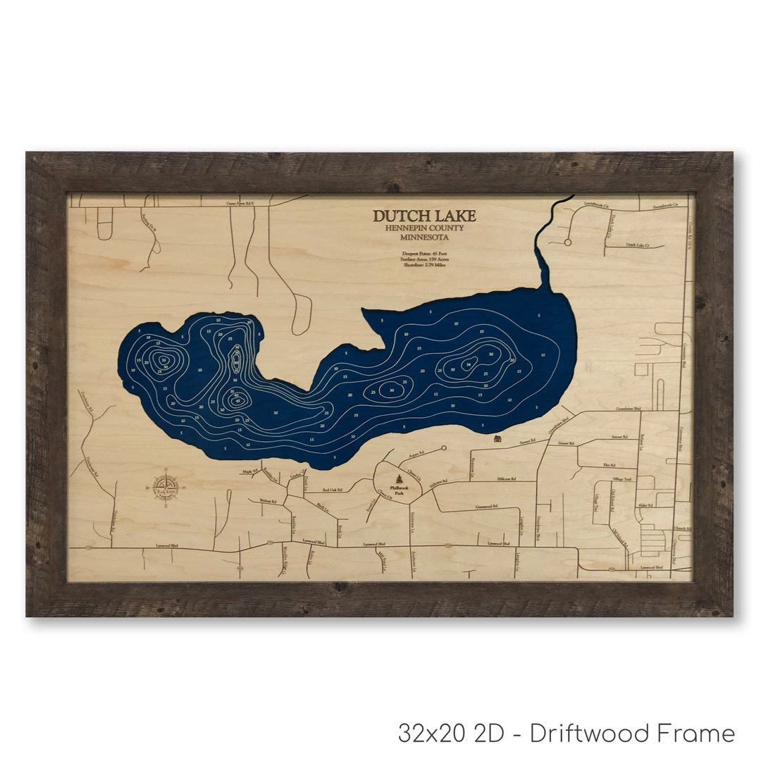 Dutch Lake, Dutch Lake Map, Custom Wood Map, 3D Lake Map, Contour Map ...
