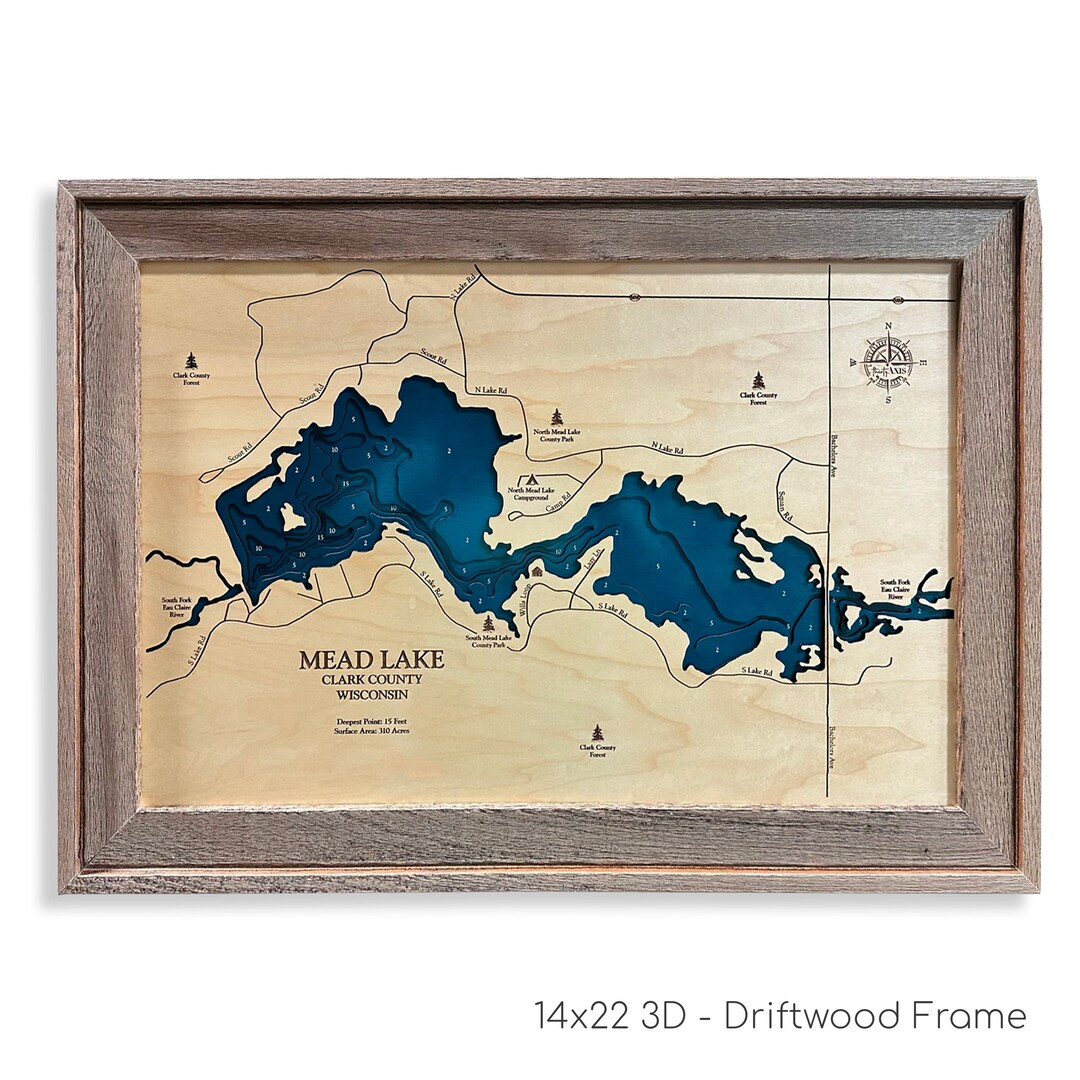 Mead Lake Map, Mead Lake Map, Custom Lake Map, Wood Lake Map, 3D Wall ...