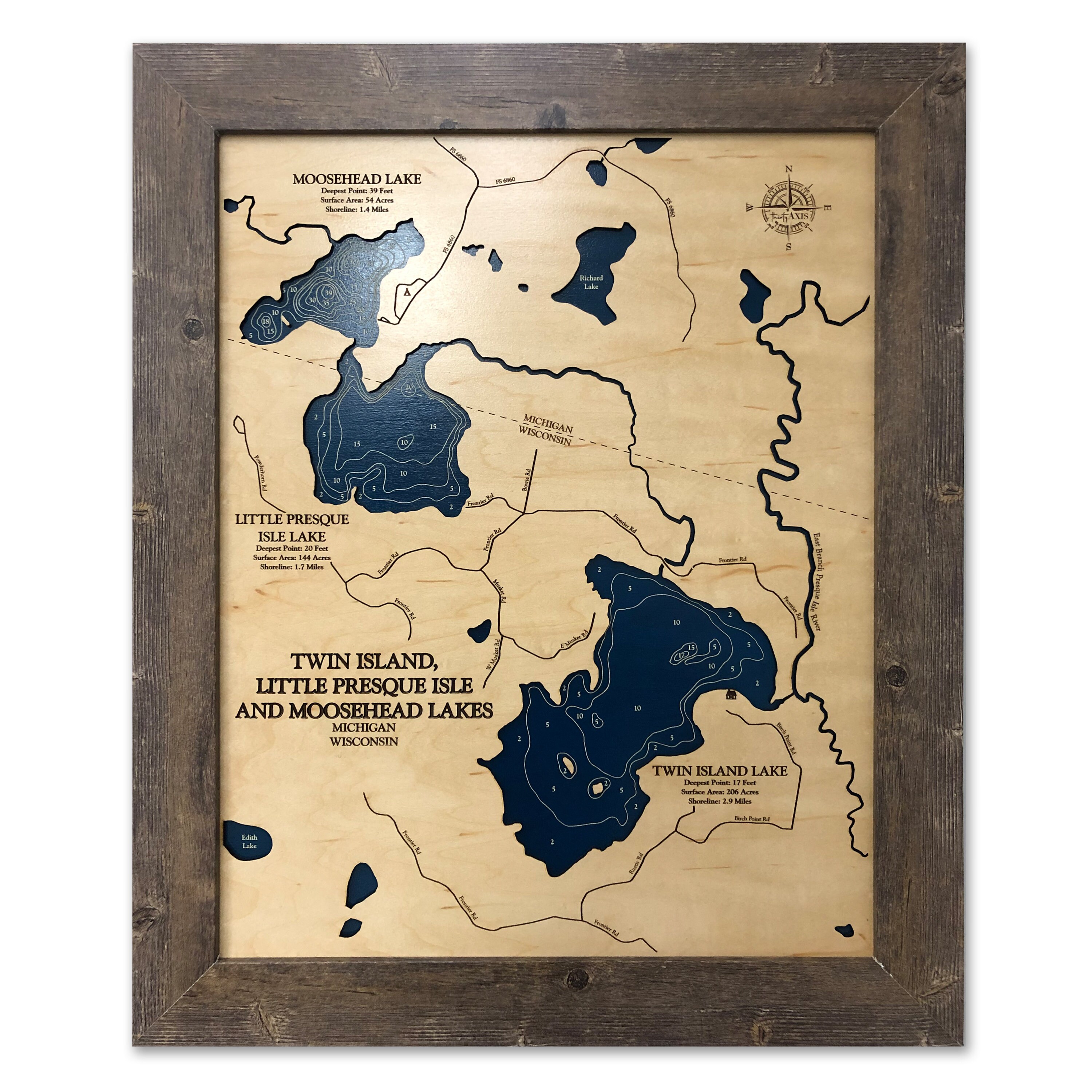 Twin Island Lake Presque Isle Lake Custom Wood Map Lake - Etsy