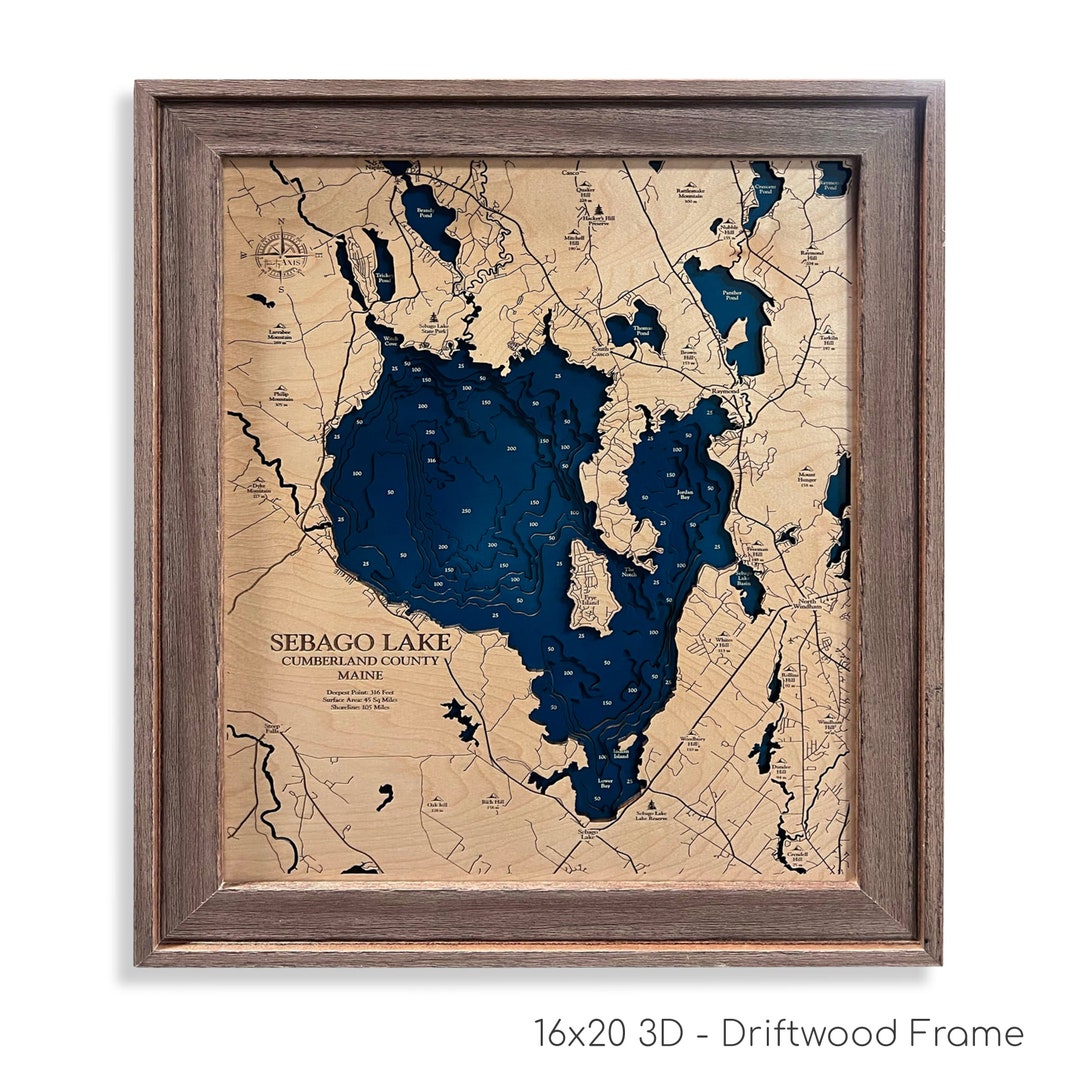 Sebago Lake Map, Maine Map, Custom Wood Map, Contour Map, Lake House ...