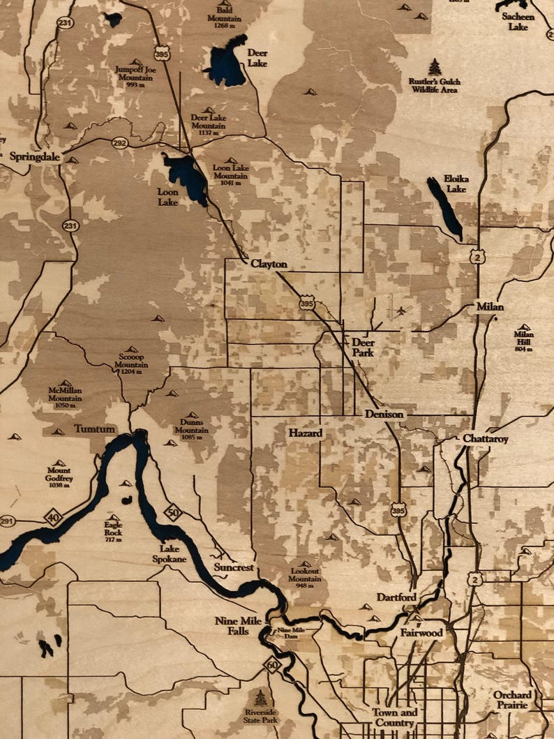 Spokane River Map, Custom Wood Map, 3D Wall Art, Contour Map Lake House ...
