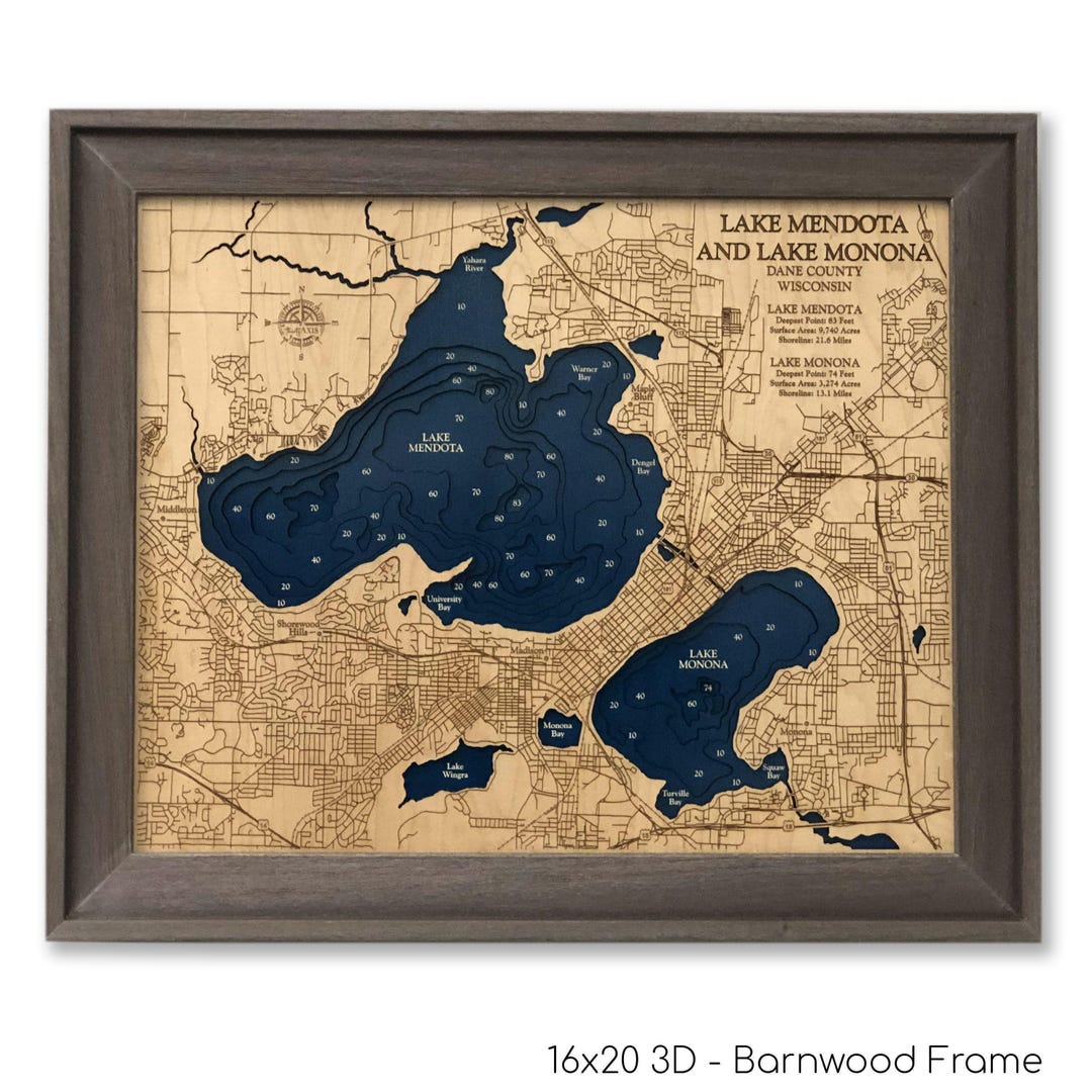 Lake Mendota + Lake Monona - Custom Wood Map - Art - 3D Wall Art ...