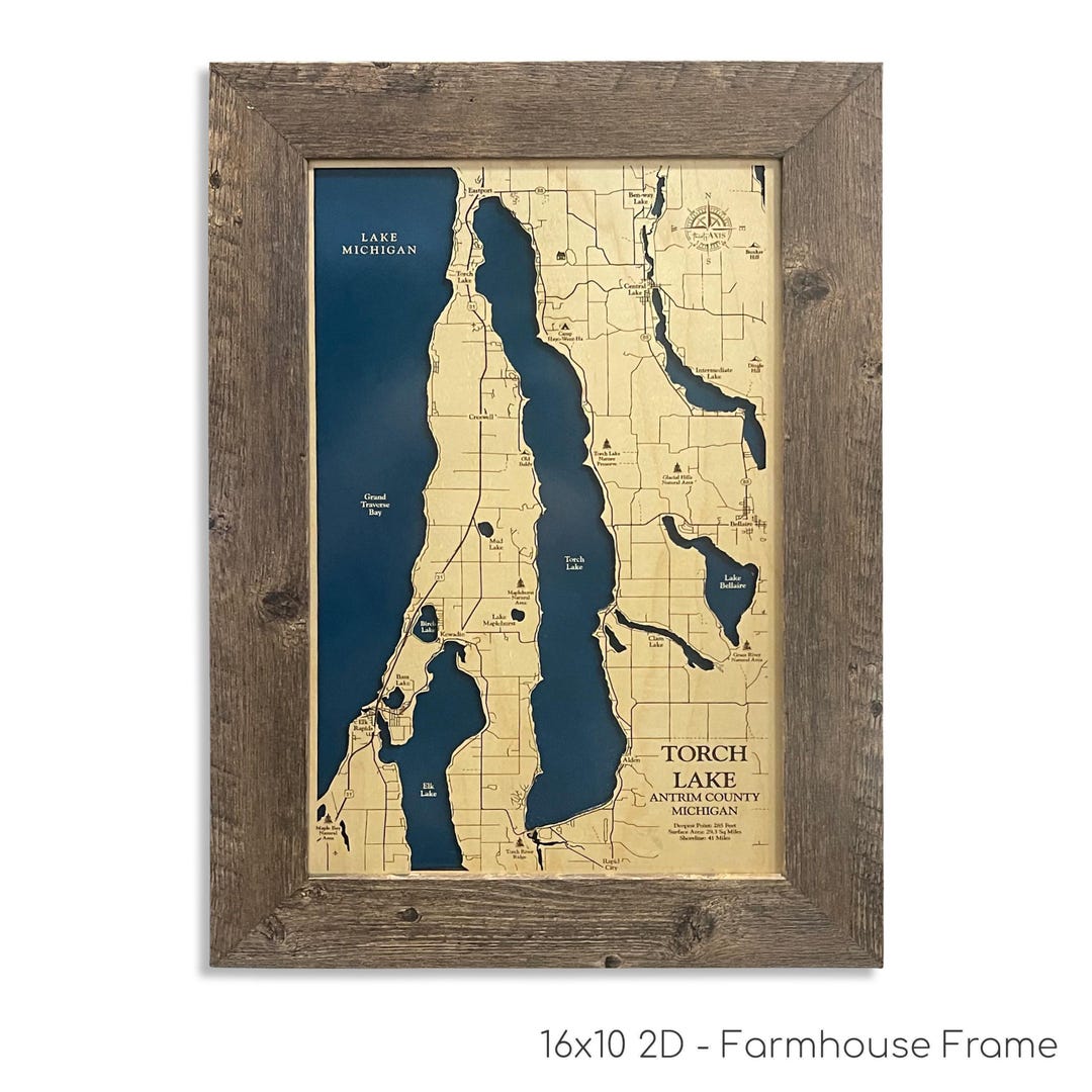 Torch Lake Map, Torch Lake, Custom Lake Map, Wood Lake Map, 3D Wall Art ...