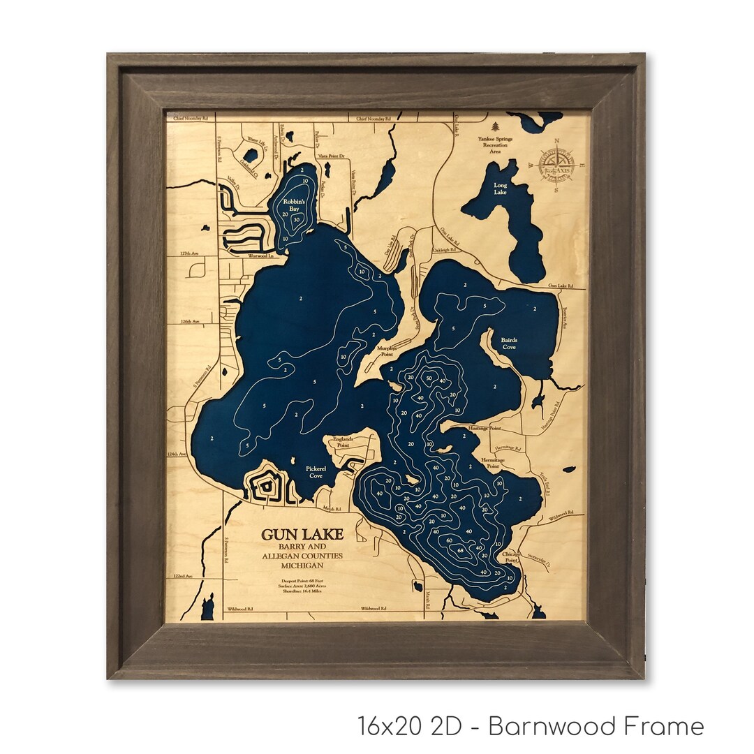 Gun Lake Map - Custom Wood Map - Art - 3D Wall Art - Contour Map - Lake ...