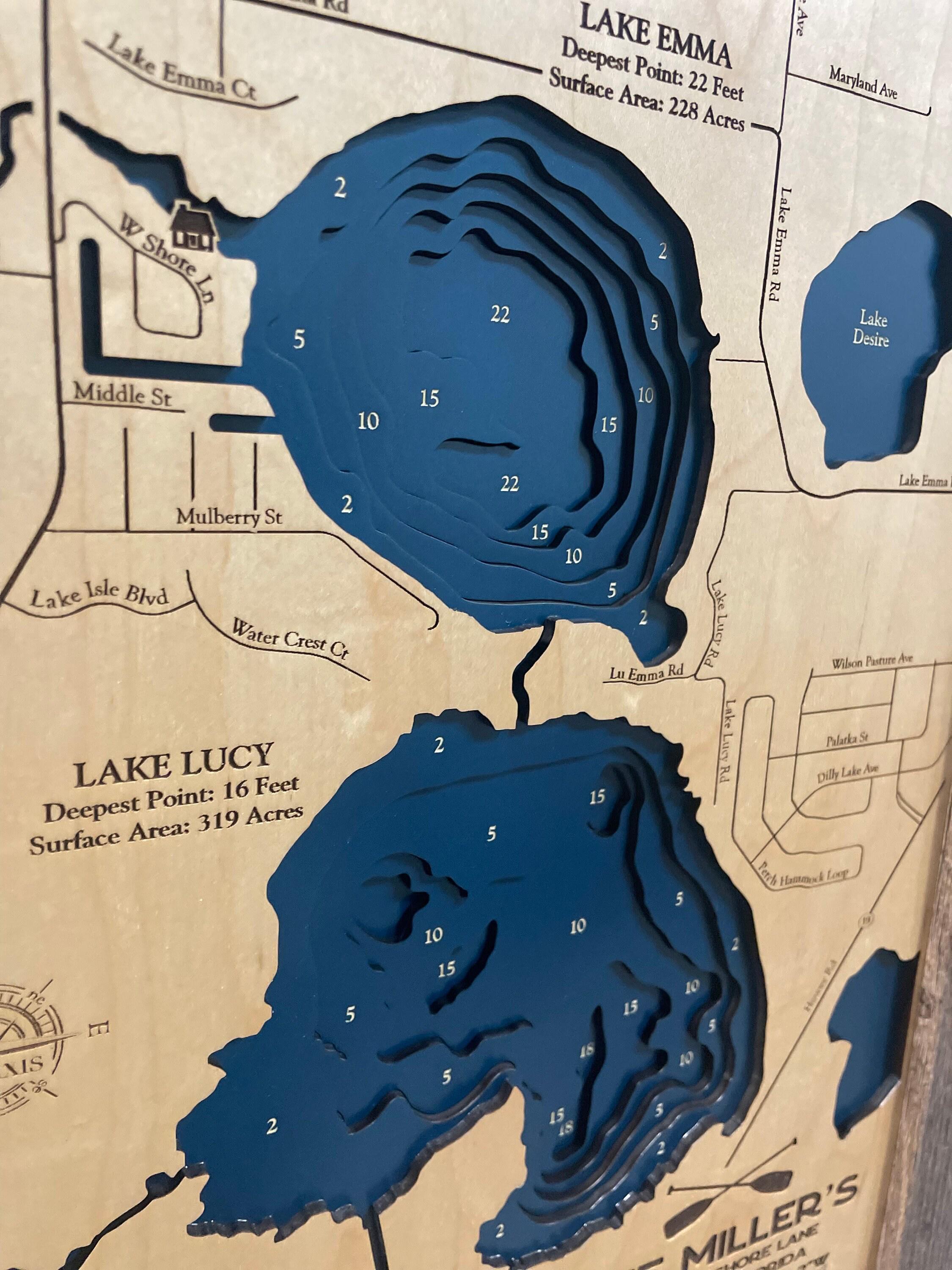 Lake Emma Map, Lake Lucy Map, Wood Lake Map, Wood Lake Sign, Lake Art ...