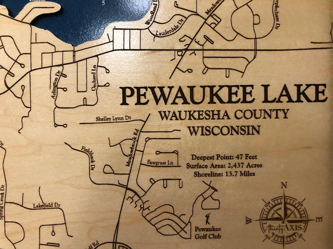 Pewaukee Lake Map, Custom Wood Map, 3D Wall Art, Contour Map, Lakehouse ...