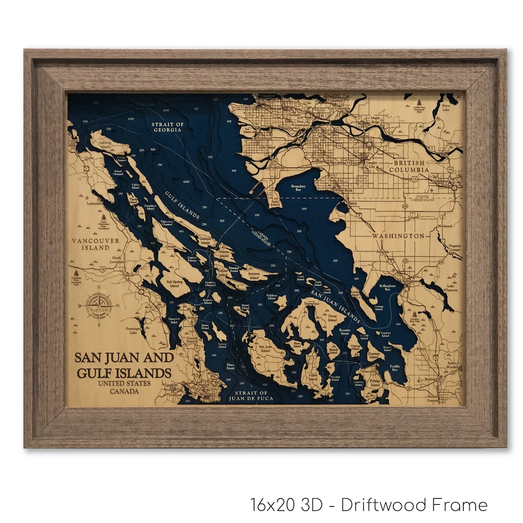 Gulf Islands Map, San Juan Islands, Custom Wood Map Washington Map 3D ...