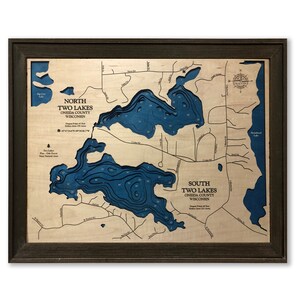 Two Lakes WI Map, Custom Wood Map, 3D Wall Art, Contour Map, Lake House ...
