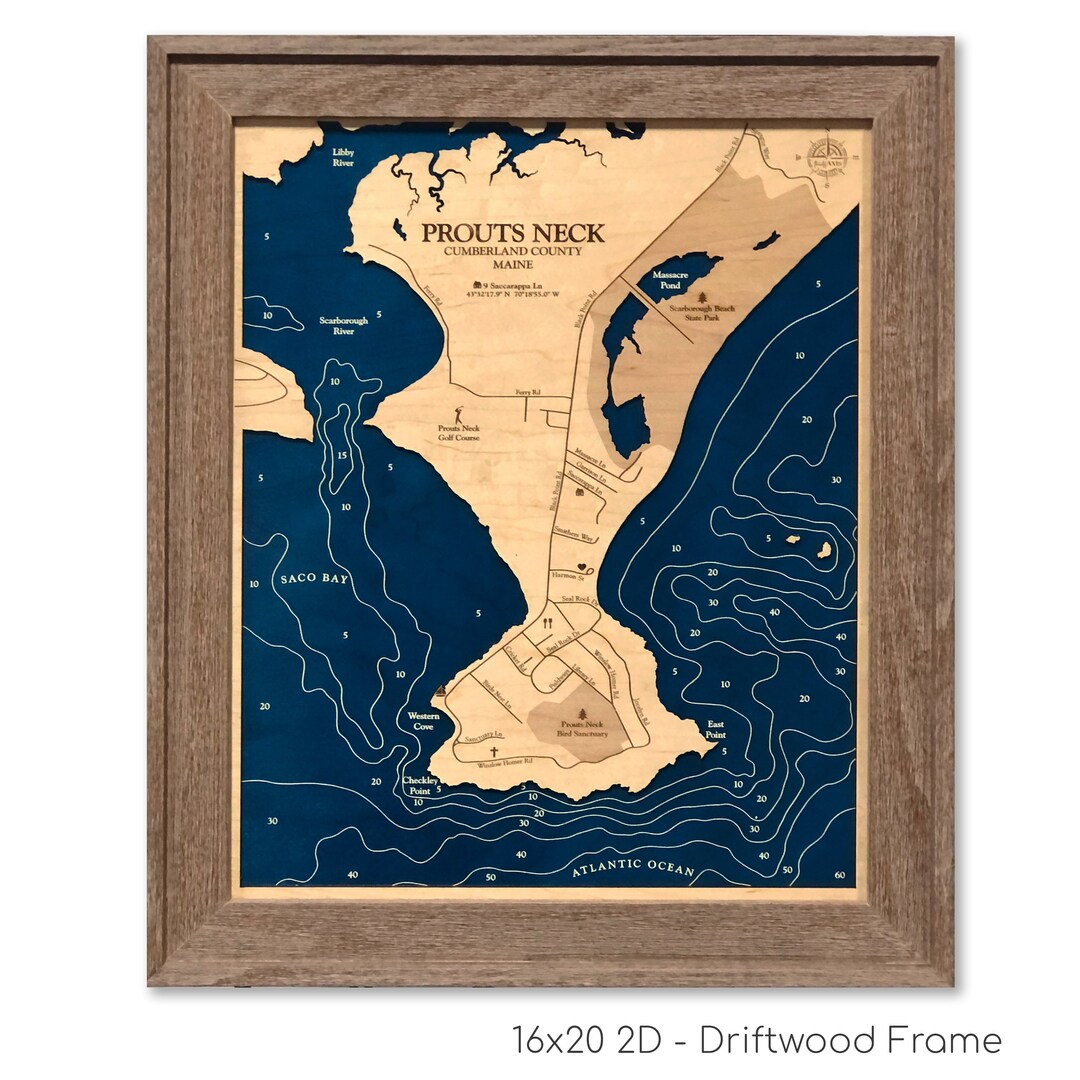 Prouts Neck Maine Dimensional Wood Carved Depth Contour Map Customize ...