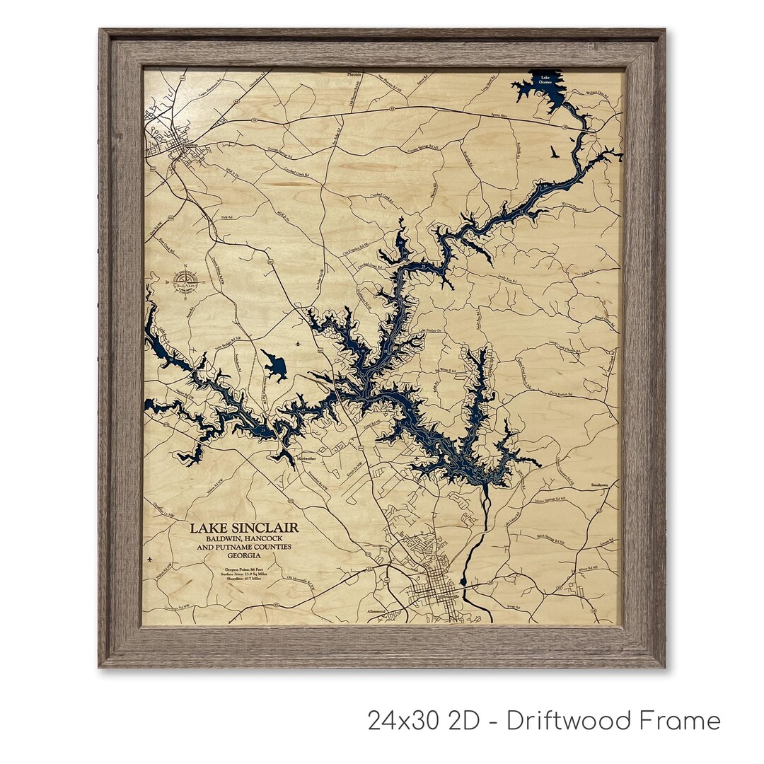 Lake Sinclair - Custom Wood Map - Art - 3D Wall Art - Contour Map ...