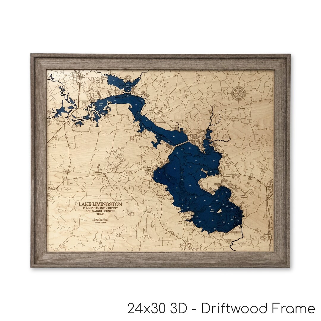 Lake Livingston - Custom Wood Map - 3D Wall Art - Contour Map - Lake ...