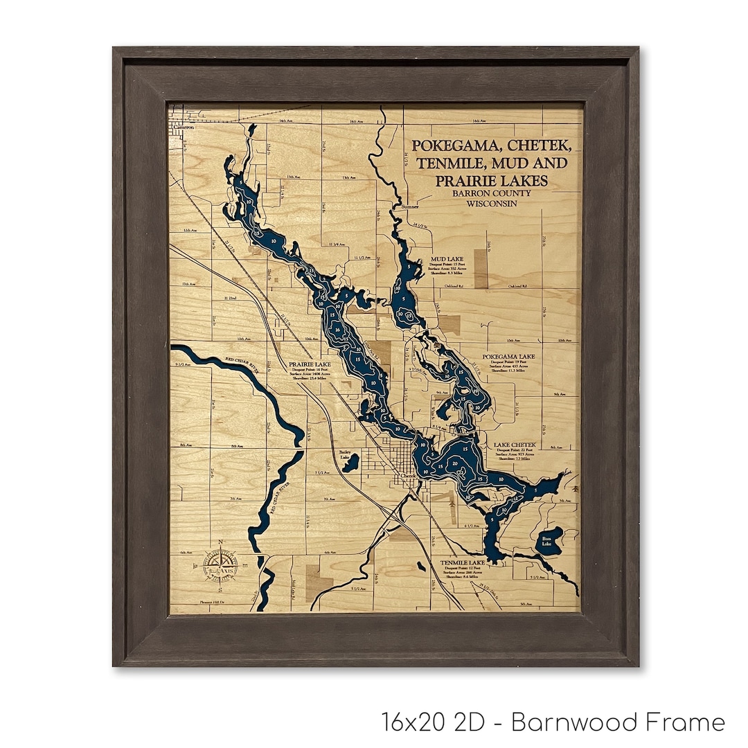 Pokegama Lake Map, Chetek Lake Map, 3D Wall Art, Prairie Lake Map ...