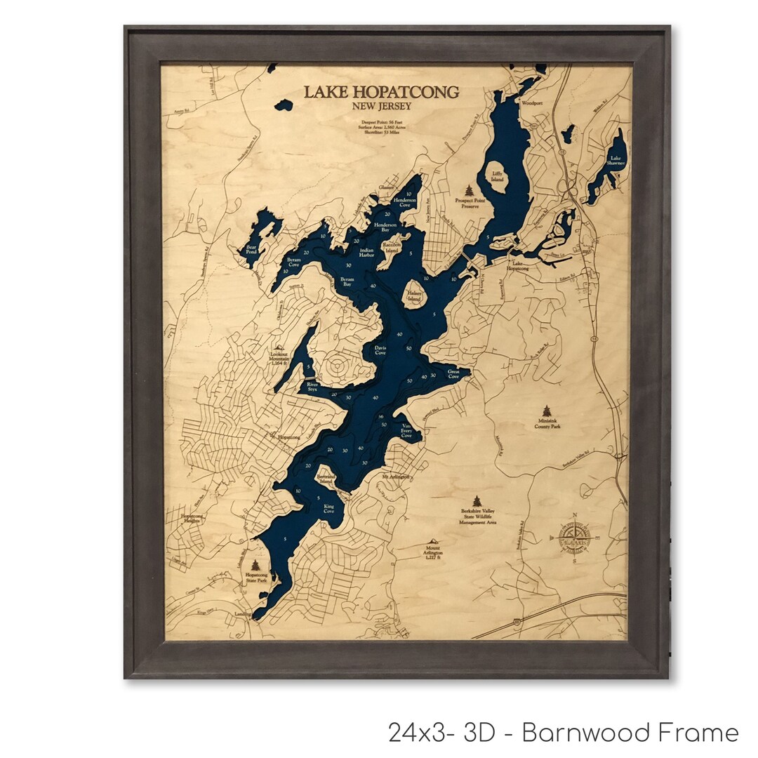 Lago Hopatcong Mapa de madera personalizado Mapa de Nueva Jersey Arte ...