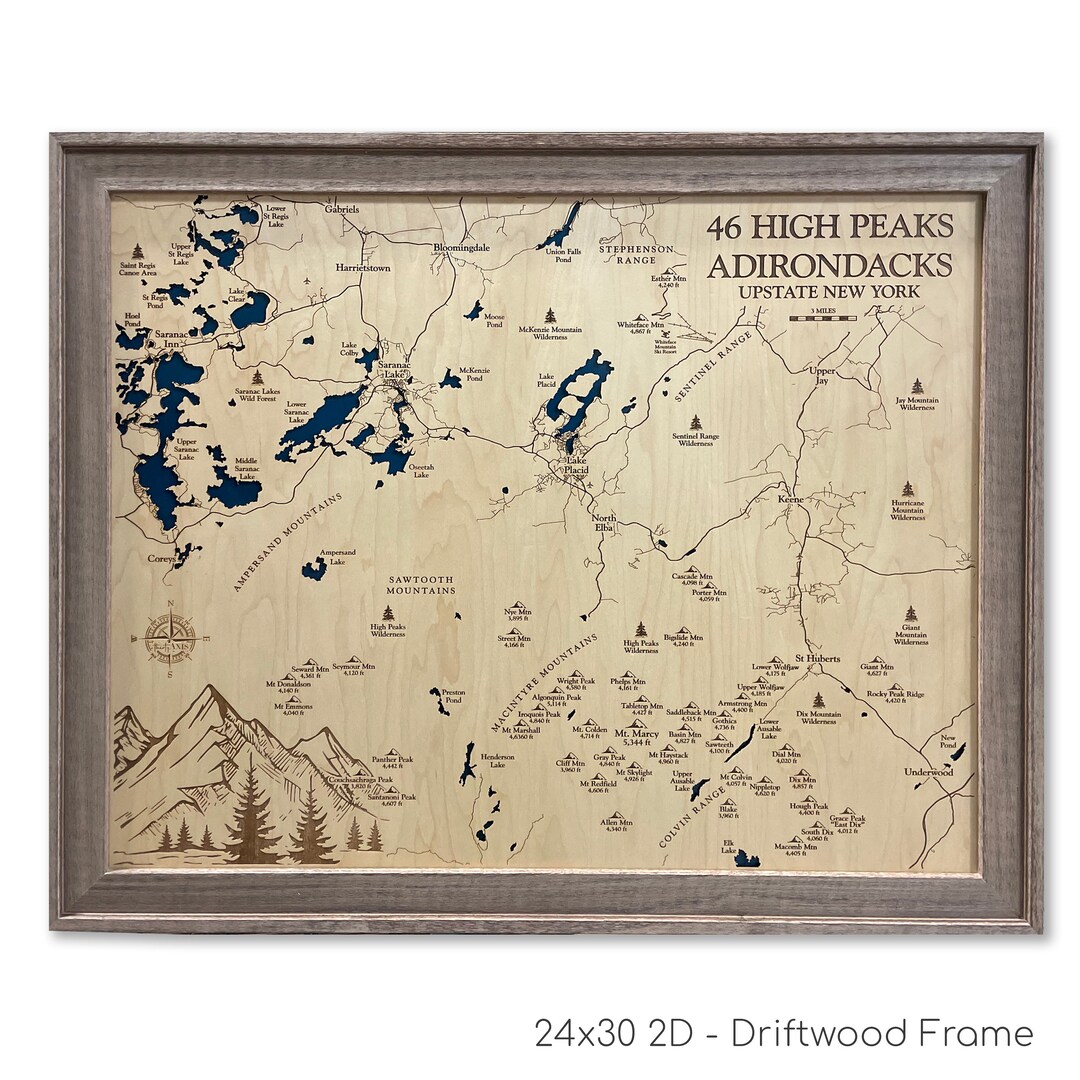 Adirondack Mountains Map 46 High Peaks Map Adirondack Peaks - Etsy