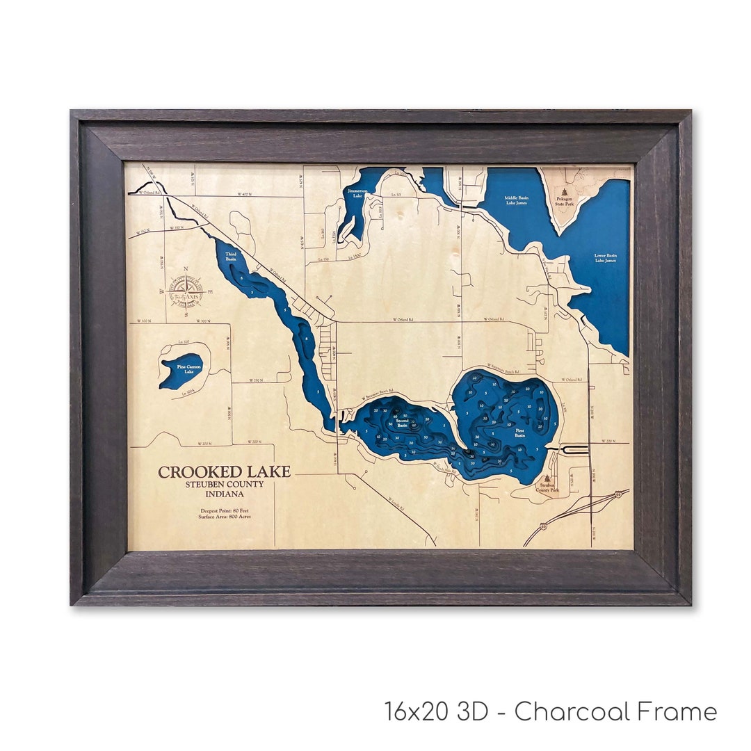 Crooked Lake Map, Custom Lake Map, Lake House, 3D Lake Map, Wood Lake ...