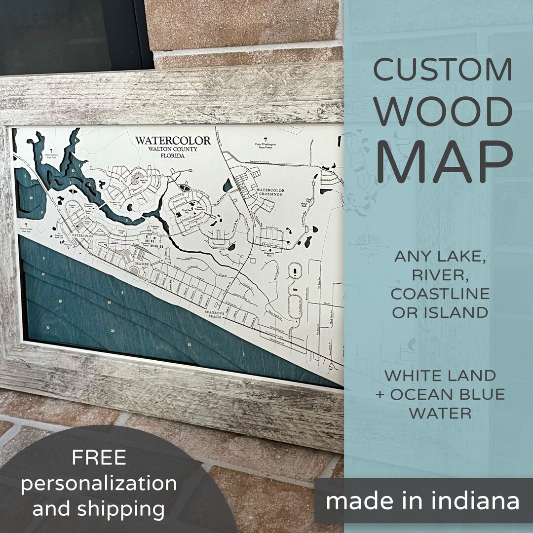 Custom Wood Map, White Land Ocean Blue Water, Lake House Décor, Lake ...
