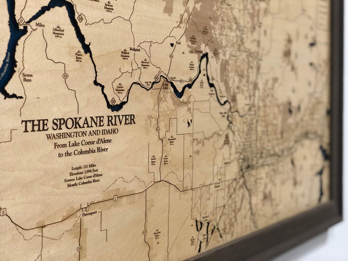 Spokane River Map, Custom Wood Map, 3D Wall Art, Contour Map Lake House ...