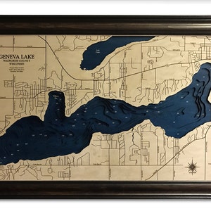 Geneva Lake - Custom Wood Map - Art - 3D Wall Art - Contour Map - Lake ...