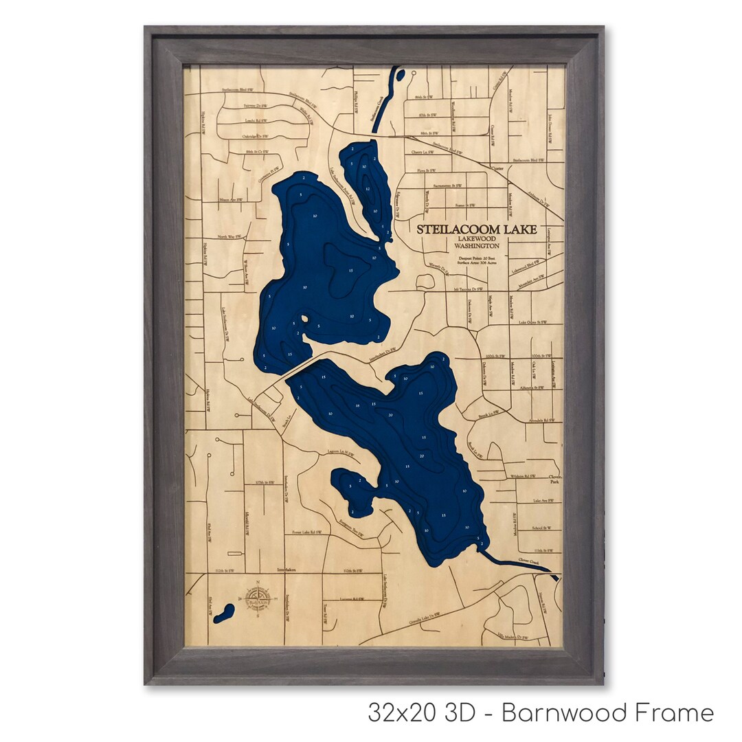 Steilacoom Lake Map - Custom Lake Map - Art - 3D Wall Art - Contour Map ...