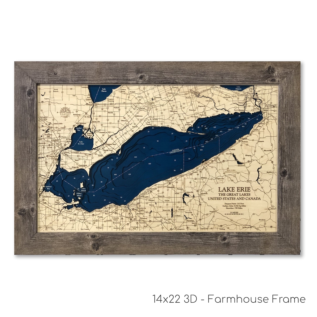 Lake Erie Dimensional Wood Carved Depth Contour Map - Customize With ...