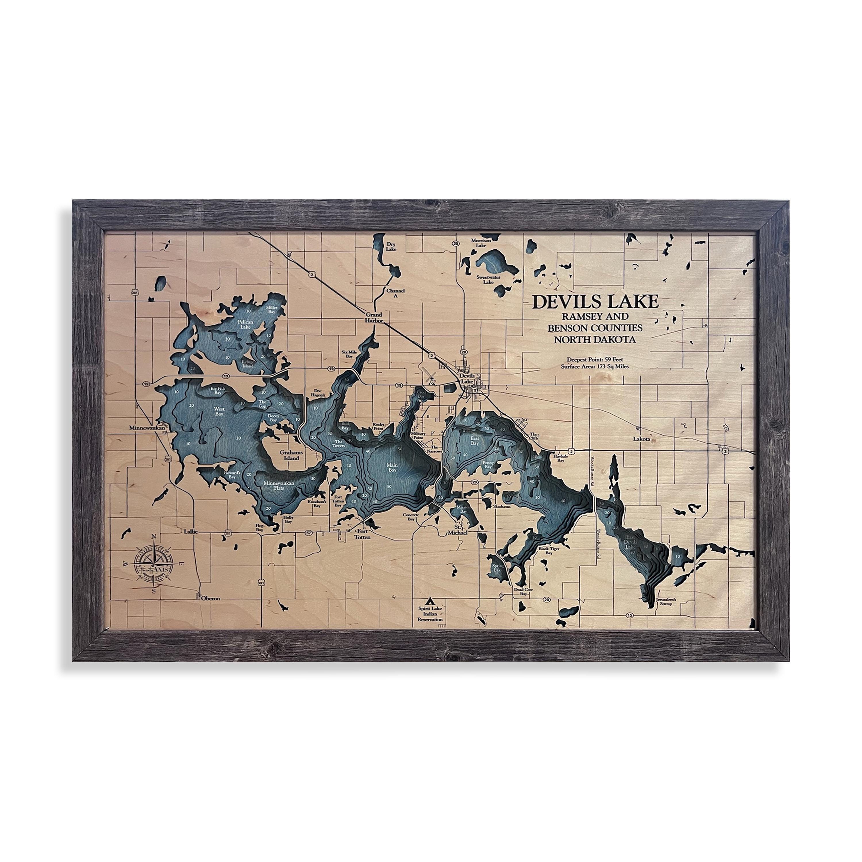 Devil's Lake Map, Devil's Lake, Custom Lake Map, Wood Lake Map, 3D Wall ...