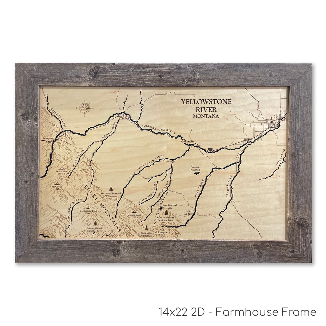Yellowstone River Map, Custom Wood Map, 3D Wall Art, Contour Map Lake ...