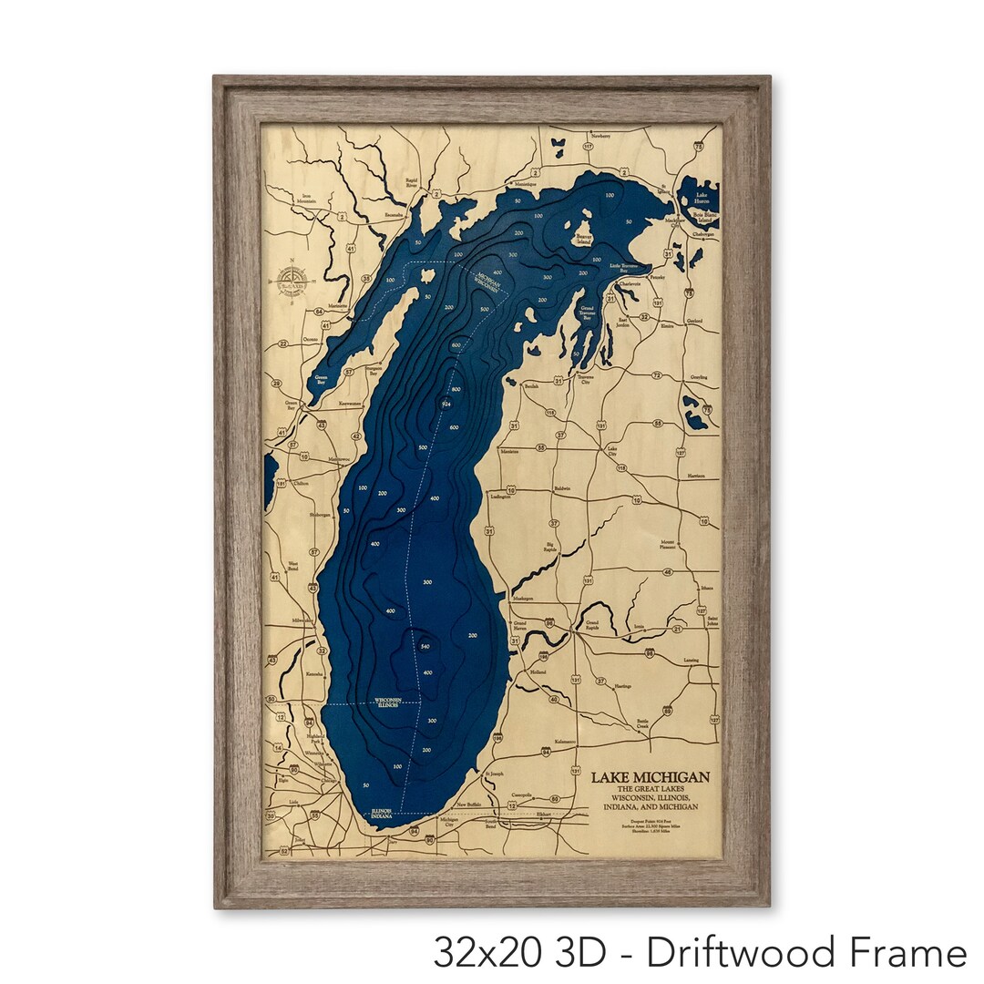 Lake Michigan Map, Great Lakes Map, 3D Lake Map, Lake Michigan 3D, Lake ...