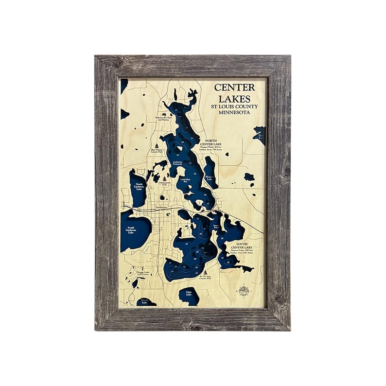 Center Lakes Map, Wood Lake Map, Custom Wood Map, 3D Lake Map, 3D Wood ...