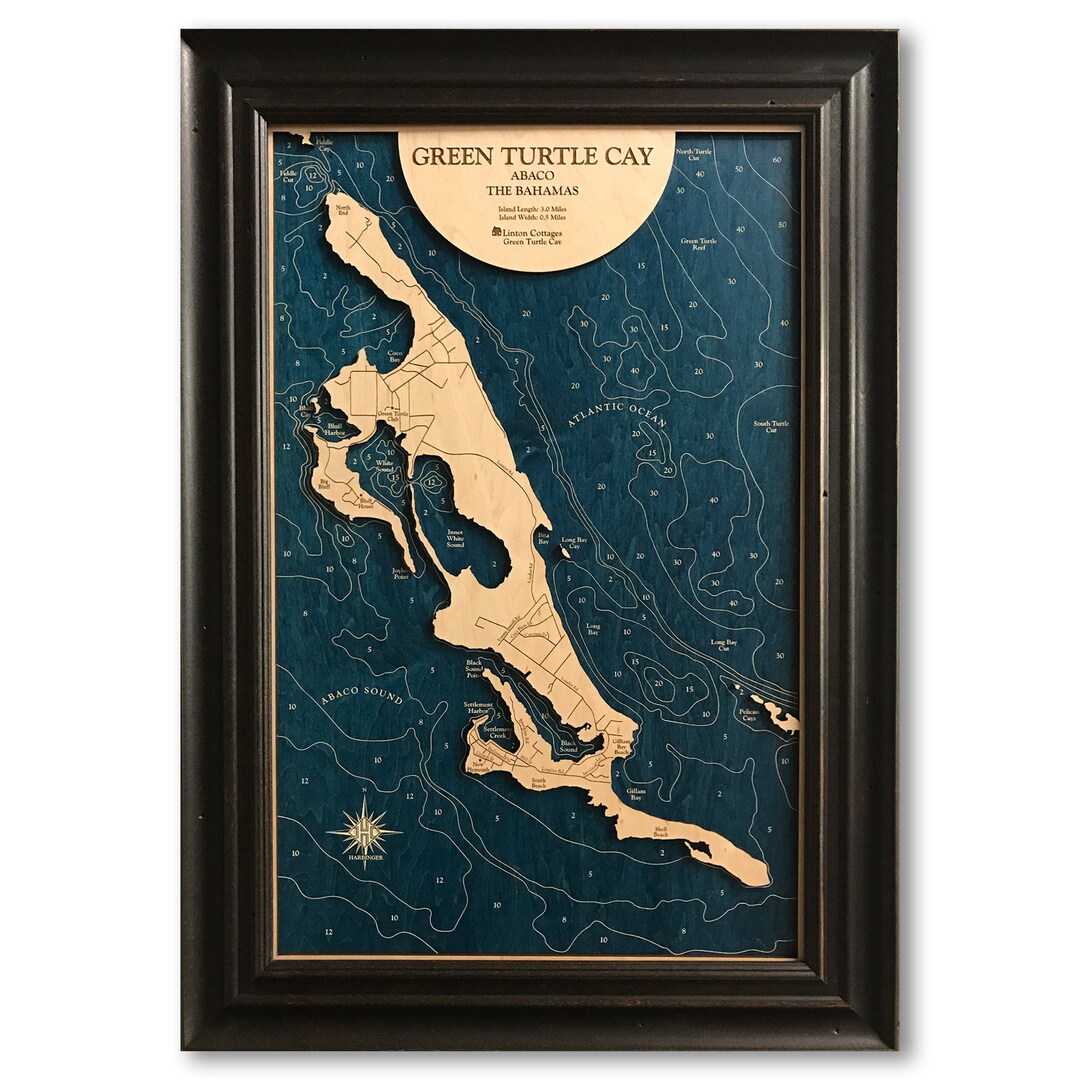 Green Turtle Cay Bahamas - Dimensional Wood Carved Depth Contour Map ...