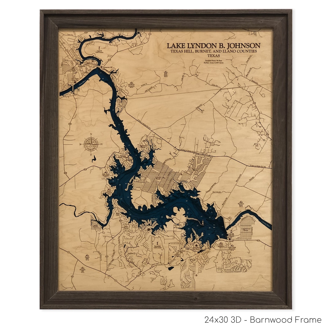 Lake Lyndon B. Johnson Map, Lake LBJ Map, Custom Lake Sign, 3D Wall Art ...