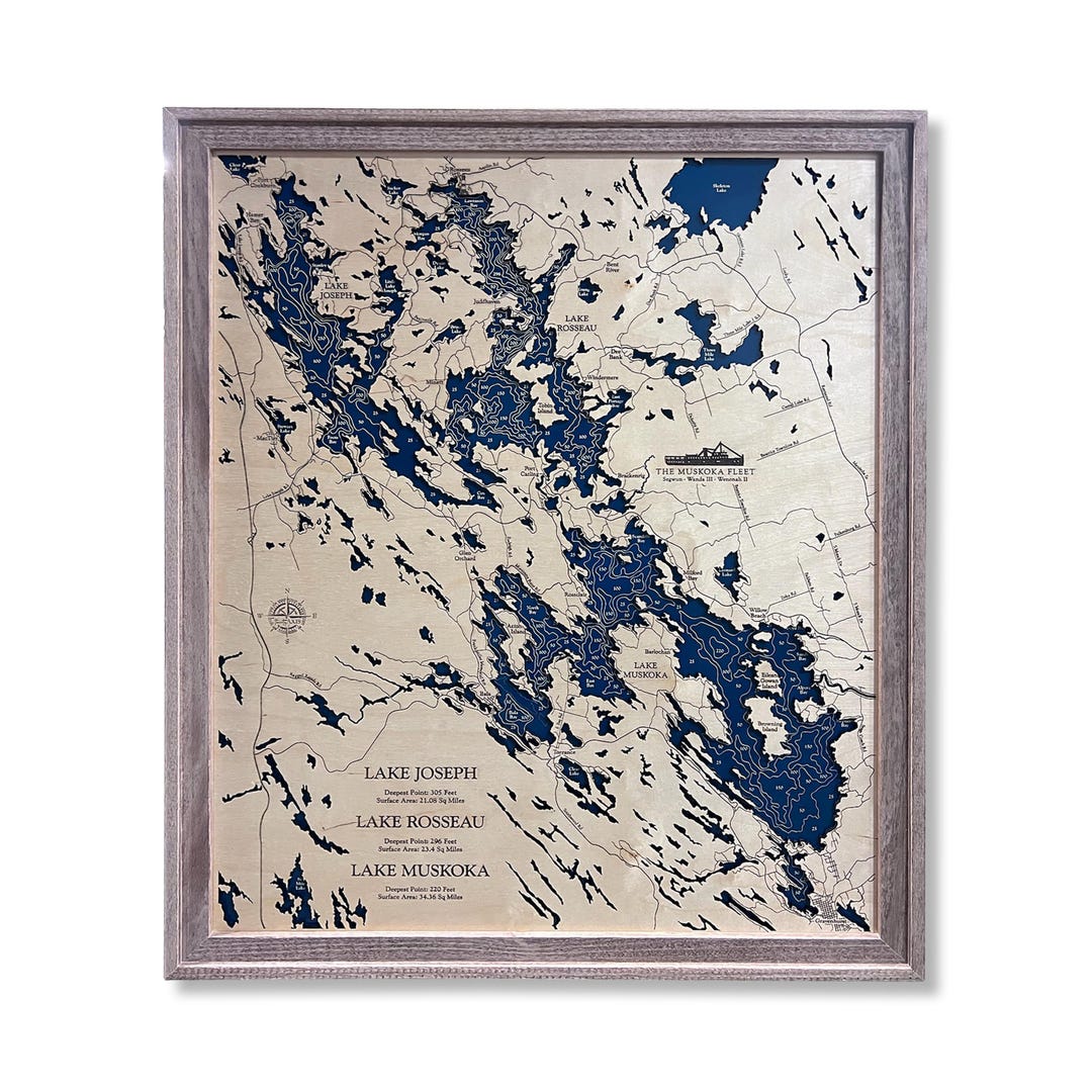 Muskoka Map, Lake Joseph, Lake Rosseau Map, Custom Lake Map, Wood Lake ...