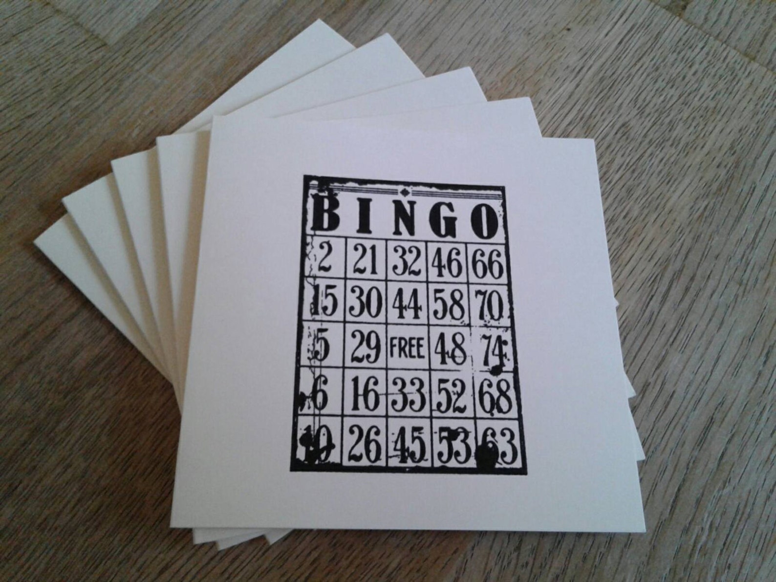 Set of 5 Hand-stamped vintage Bingo Card 4 x 4 ivory square | Etsy