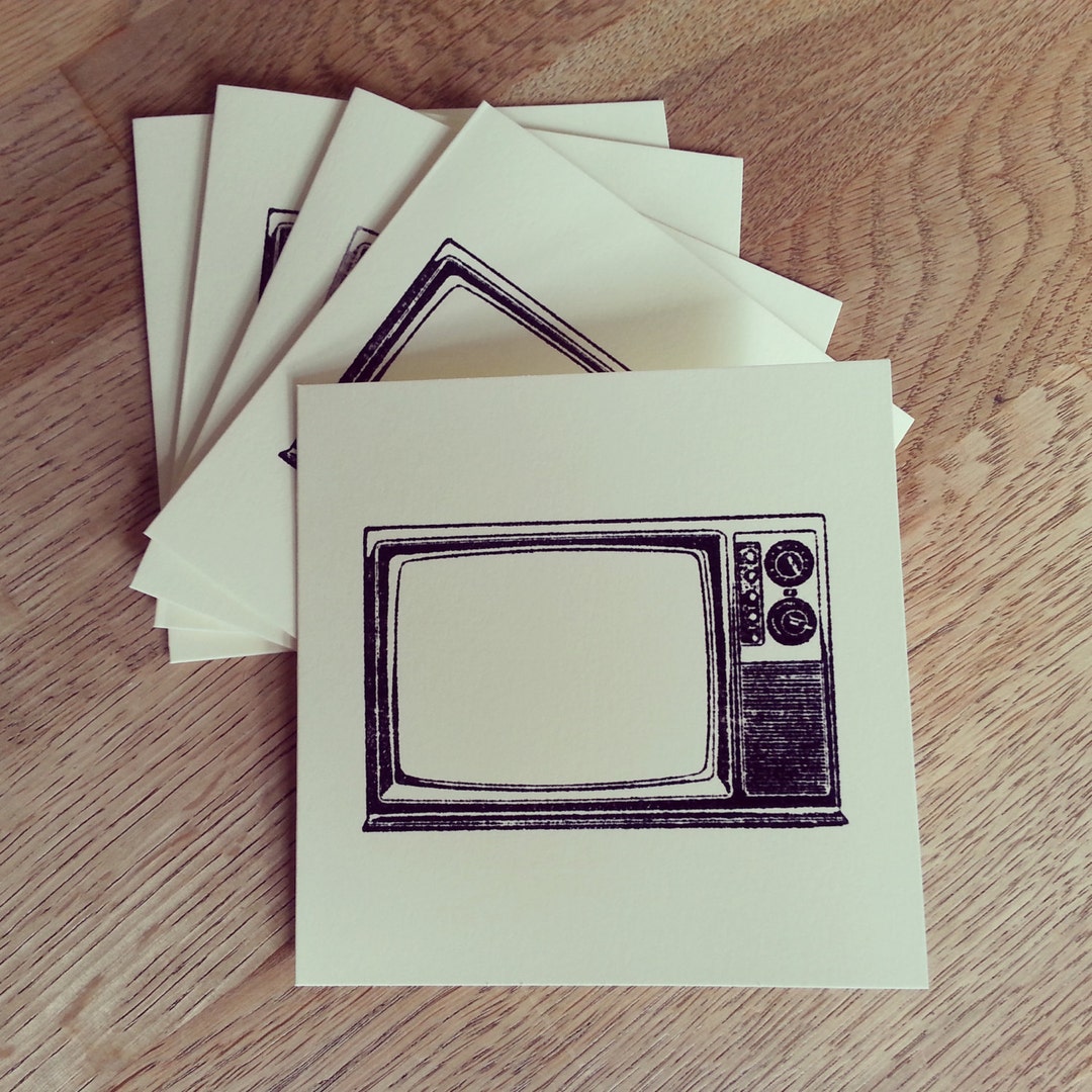 Set of 5 Hand-stamped Classic TV 4 X 4 Inch Ivory Square Notecards With ...