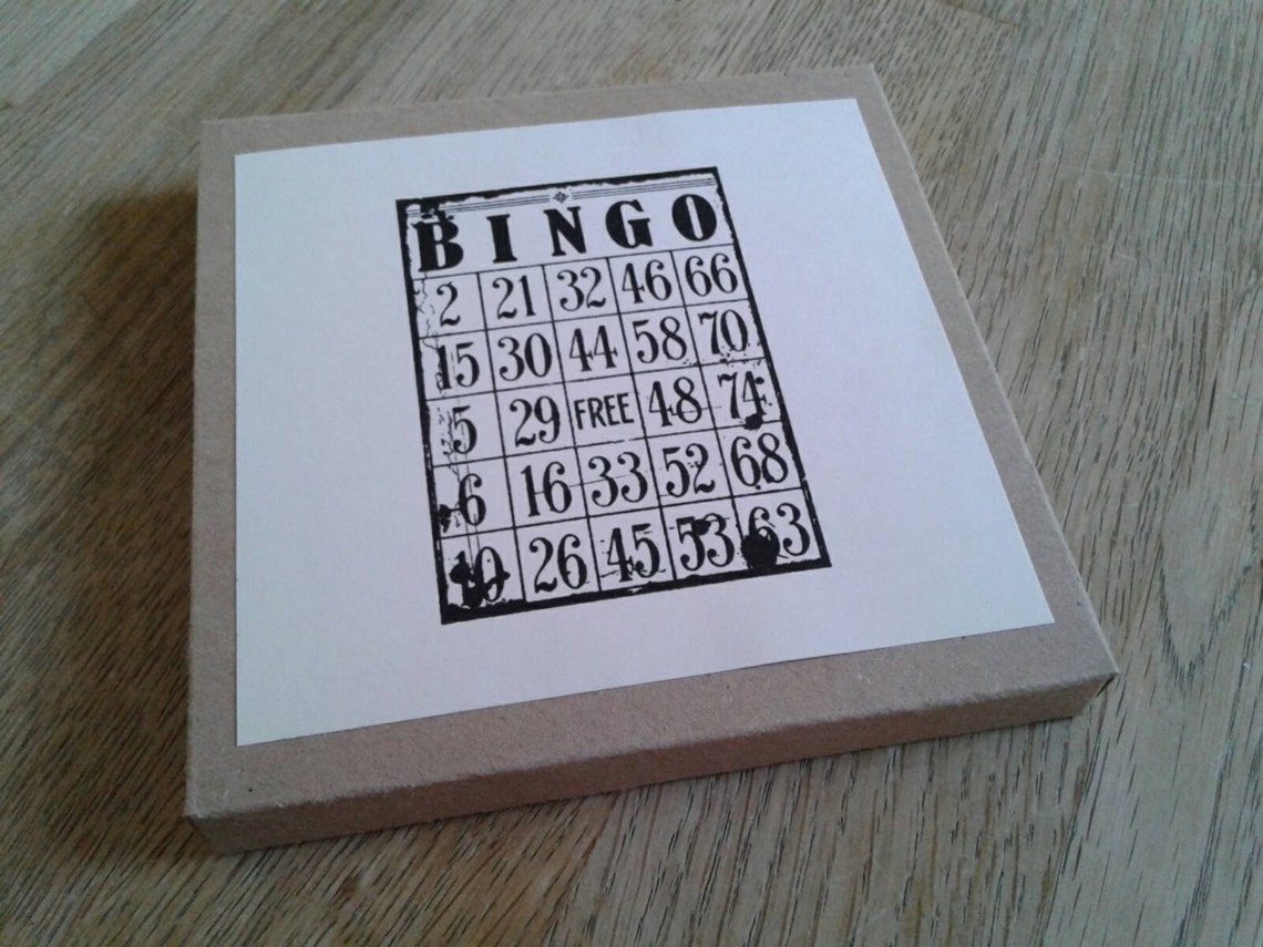 Set of 5 Hand-stamped vintage Bingo Card 4 x 4 ivory square | Etsy