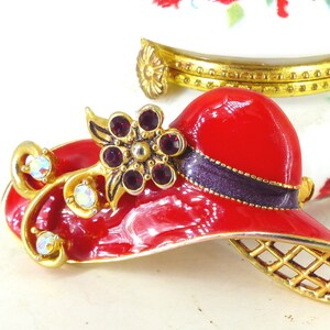 Red Enamel Cool Retro Floppy Hat Brooch With Red and Iridescent Crystal ...