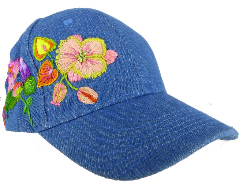 Hand Embroidered Denim Baseball Cap With Hawaiian Flower - Etsy