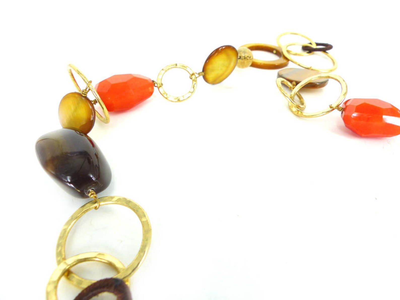 Vintage Chunky & Mod Gold Ring Heavy Necklace With Orange Faceted Glass ...