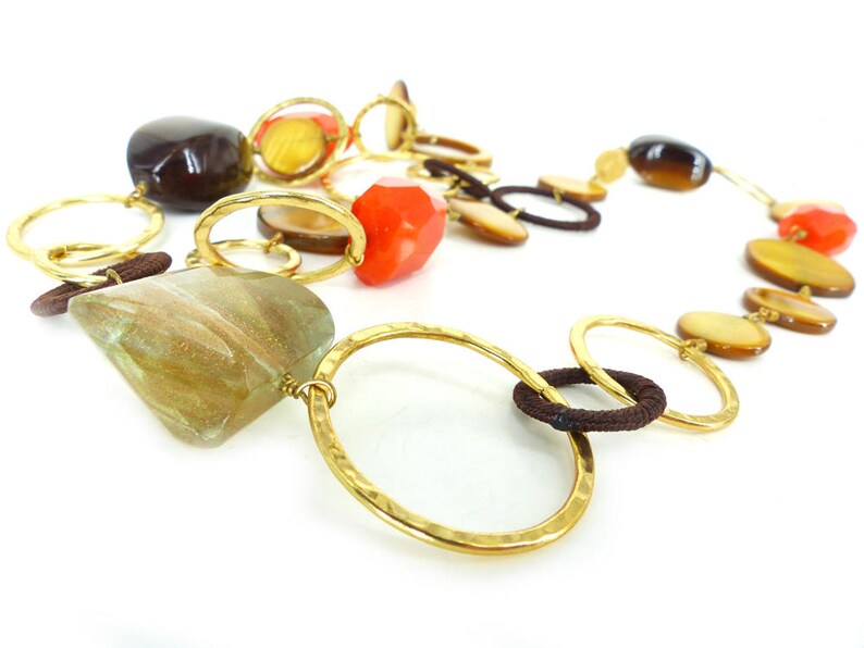 Vintage Chunky & Mod Gold Ring Heavy Necklace With Orange Faceted Glass ...