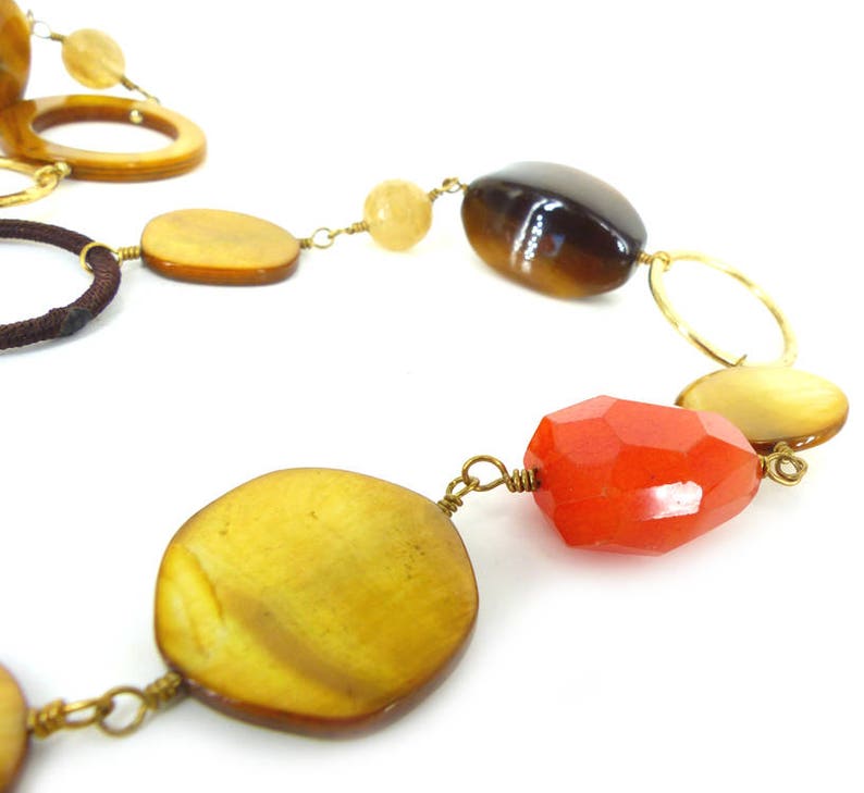 Vintage Chunky & Mod Gold Ring Heavy Necklace With Orange Faceted Glass ...