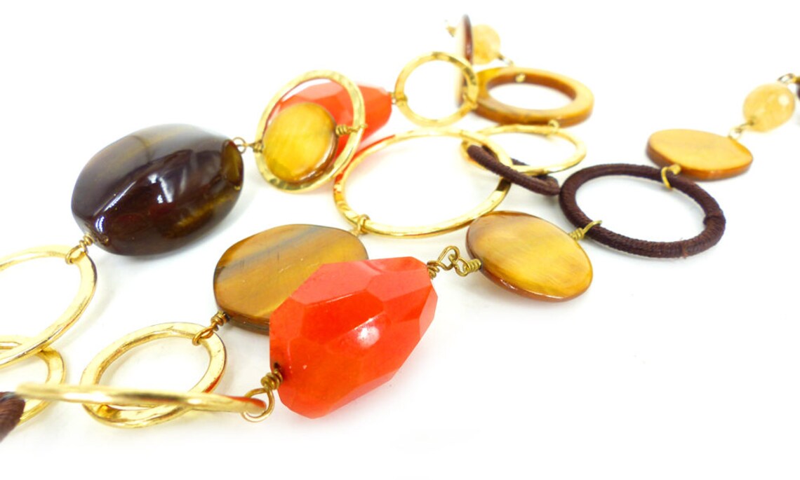 Vintage Chunky & Mod Gold Ring Heavy Necklace With Orange Faceted Glass ...