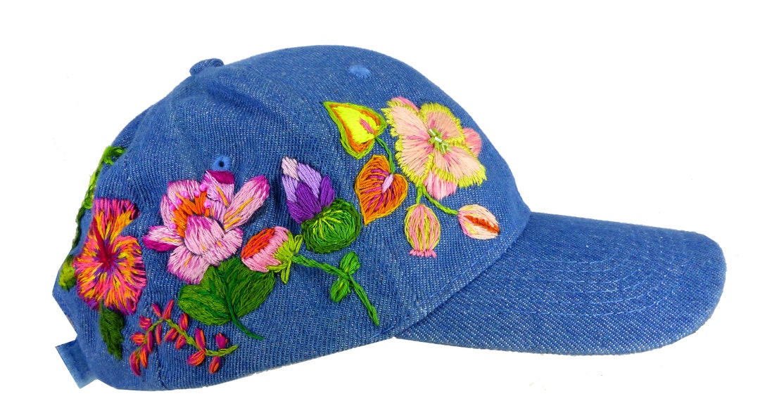 Hand Embroidered Denim Baseball Cap With Hawaiian Flower Theme. Hand ...