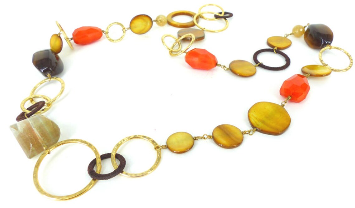 Vintage Chunky & Mod Gold Ring Heavy Necklace With Orange Faceted Glass ...