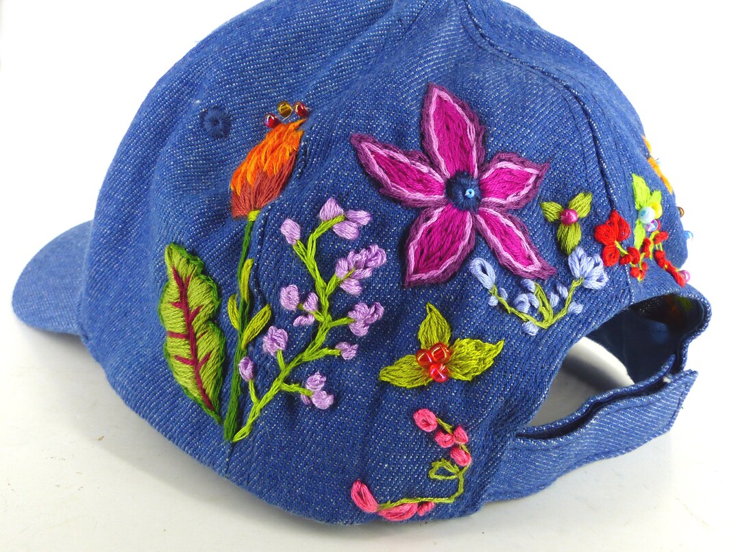 Hand Embroidered Floral Design Boho Style Baseball Hat/cap. One Size ...