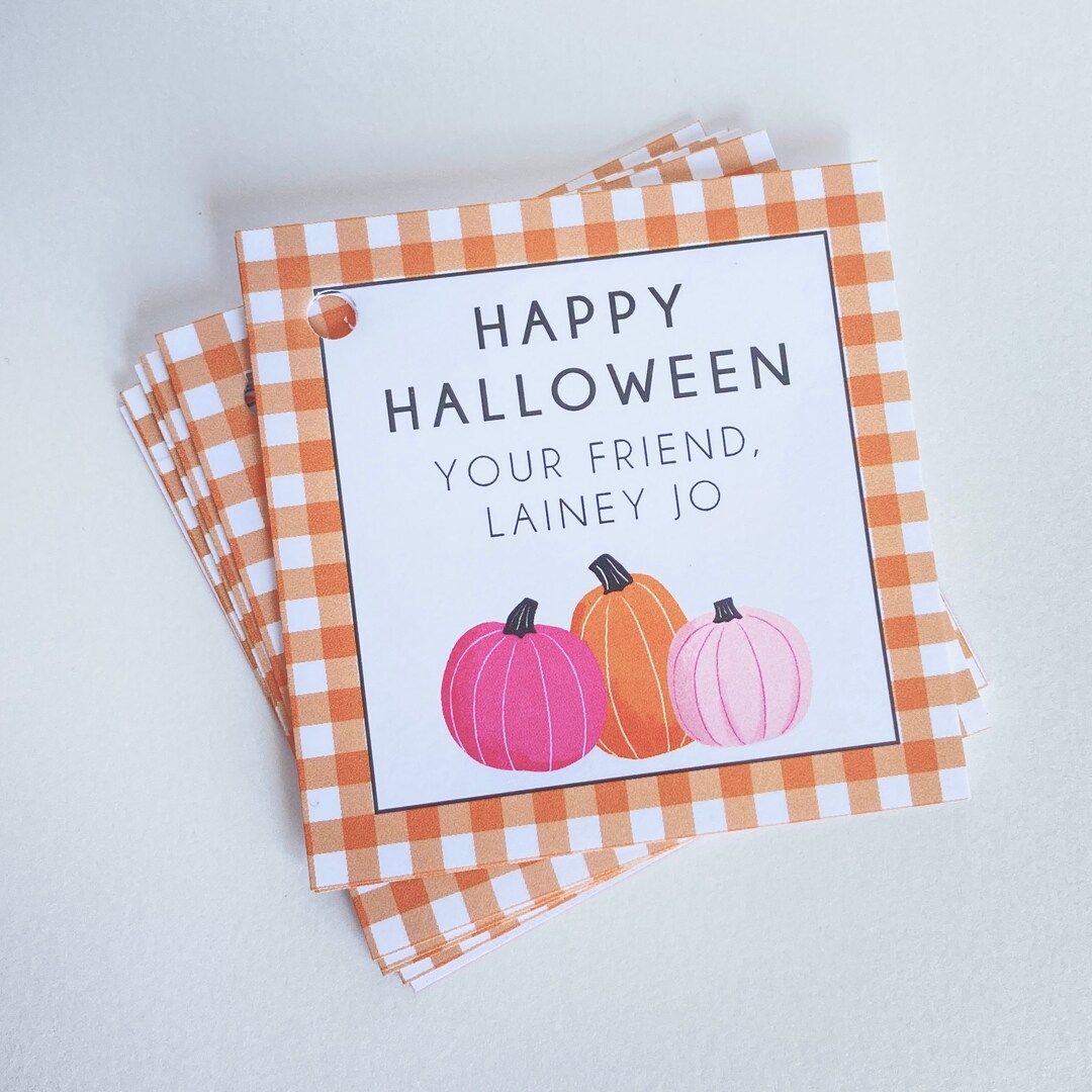 Happy Halloween Party Gift Tags | Cute Pumpkin, Orange Gingham, Pink ...