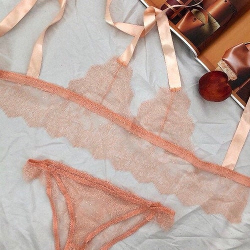 Peach Blossom Lace Lingerie Set Soft Bra Handmade Lingerie | Etsy