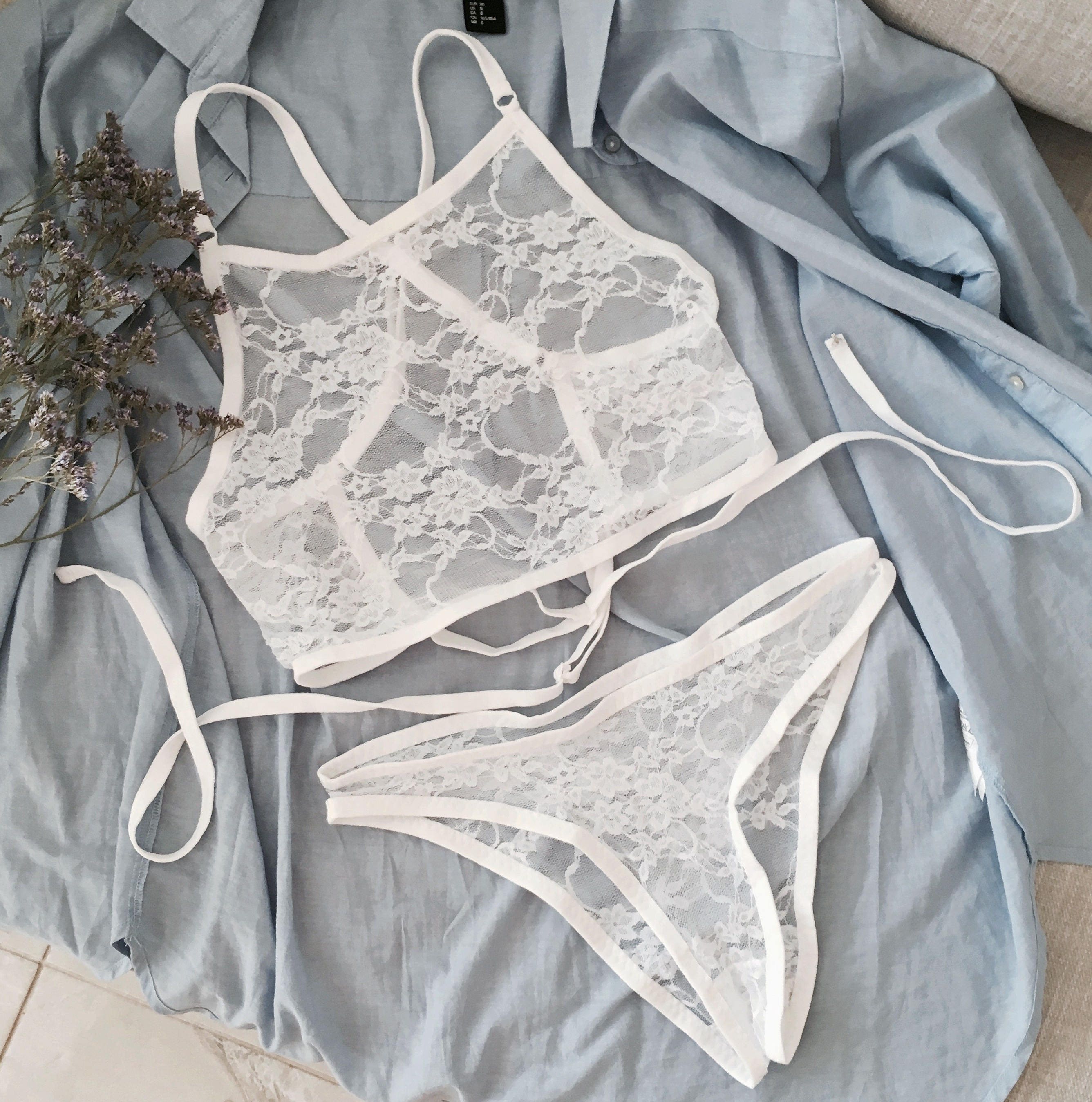Darling White Lace Halter Lingerie Set Soft Bra Handmade Etsy